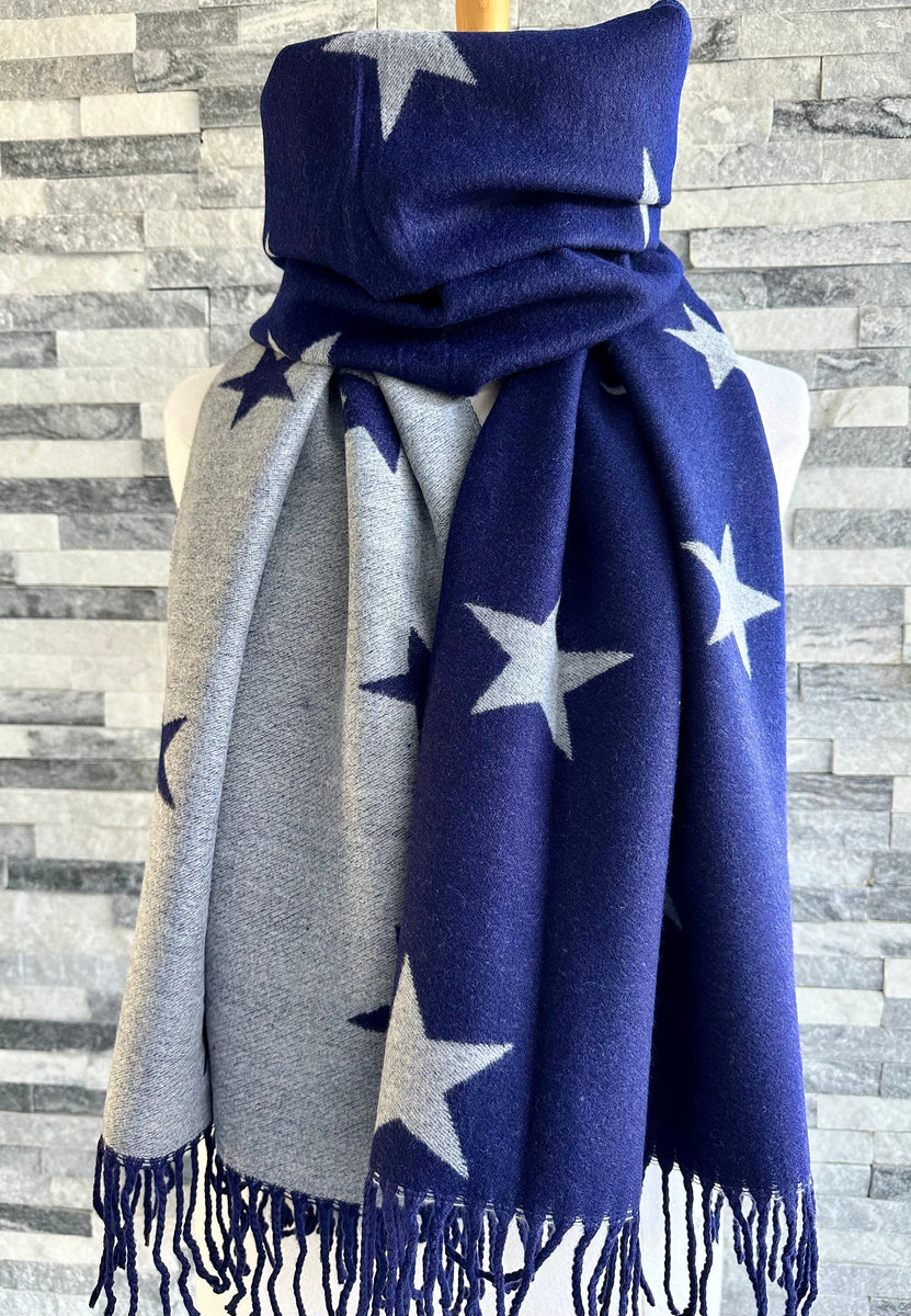 Reversible Navy and Grey Stars Scarf/Shawl Cashmere Blend – luscious ...