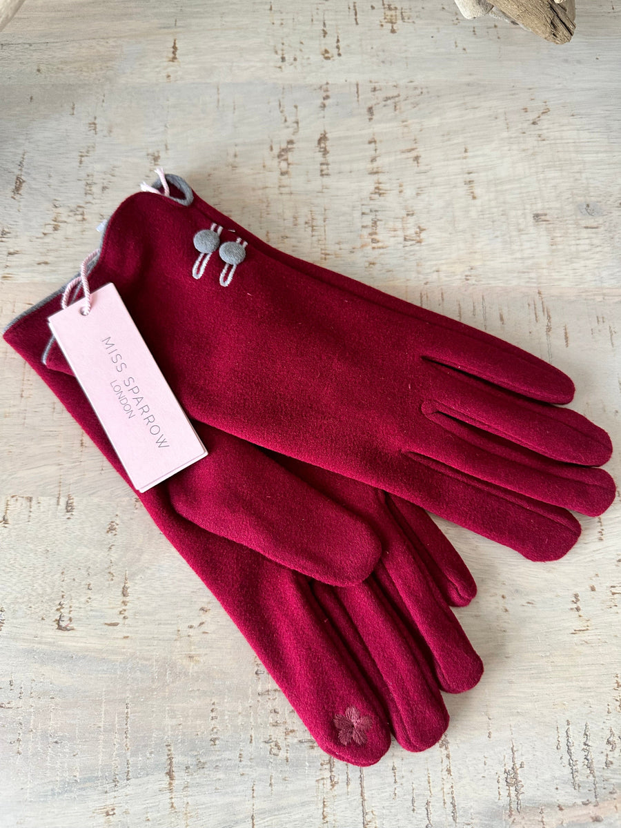 Miss Sparrow Ladies Deep Red Smart Gloves with Button Detailing ...