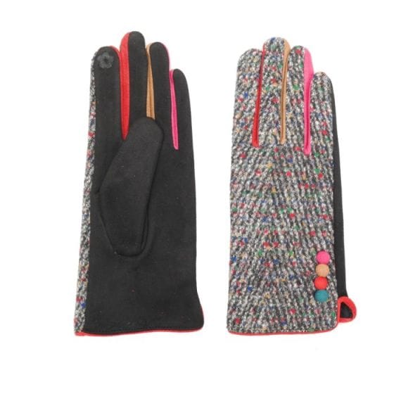 Red Cuckoo Black Herringbone Gloves with Multi Coloured Trim and Butto ...