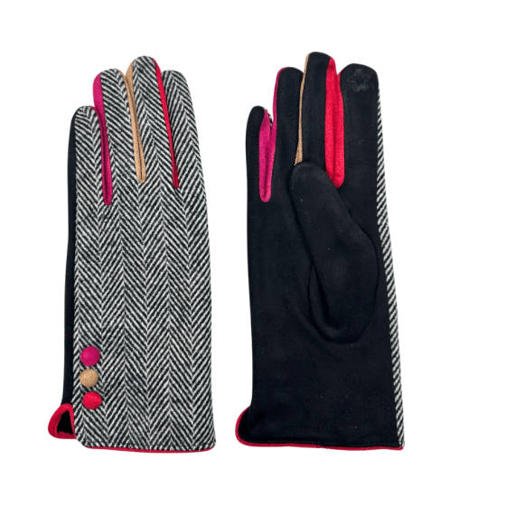 Red Cuckoo Black Herringbone Gloves with Multi Coloured Trim and Butto ...