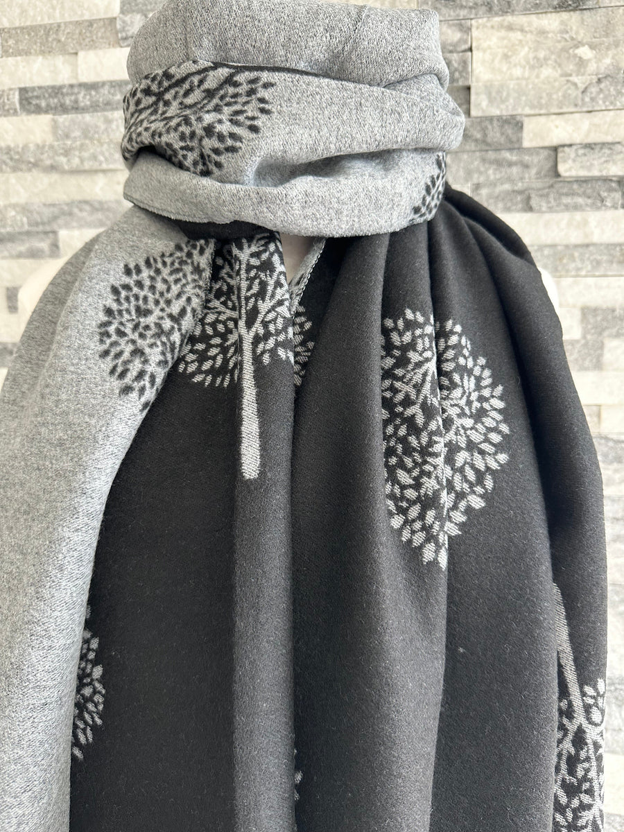 Black and Grey Reversible Mulberry Tree Scarf / Wrap, Cashmere Blend ...