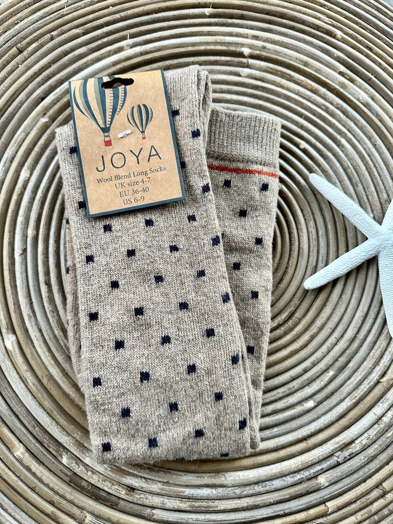 Ladies Joya Long Knee Length Wool Blend Socks, Beige and Dots Design ...
