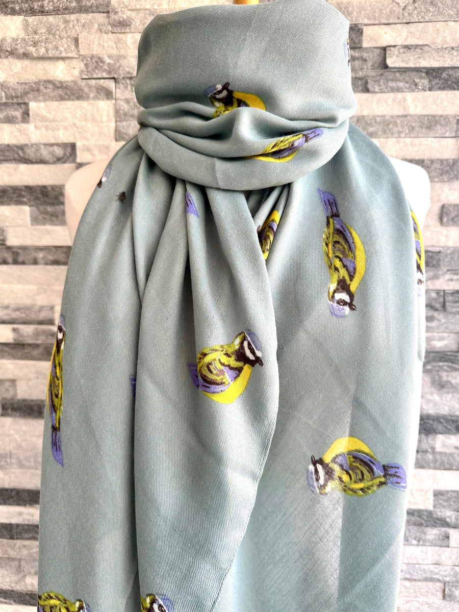 Ladies Large Duck Egg Scarf with Blue Tits Design. – luscious scarves