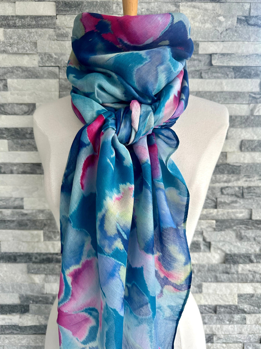 Ladies Water coloured Floral Shapes Scarf, Turquoise Blue and Hot Pink ...