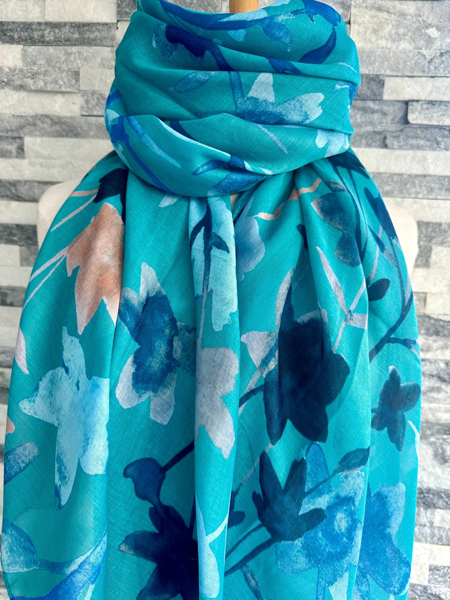 Ladies Water coloured Floral Silhouettes Scarf, Turquoise, Blue and Na ...