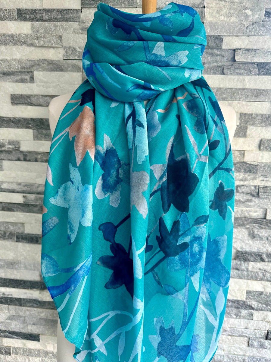 Ladies Water coloured Floral Silhouettes Scarf, Turquoise, Blue and Na ...