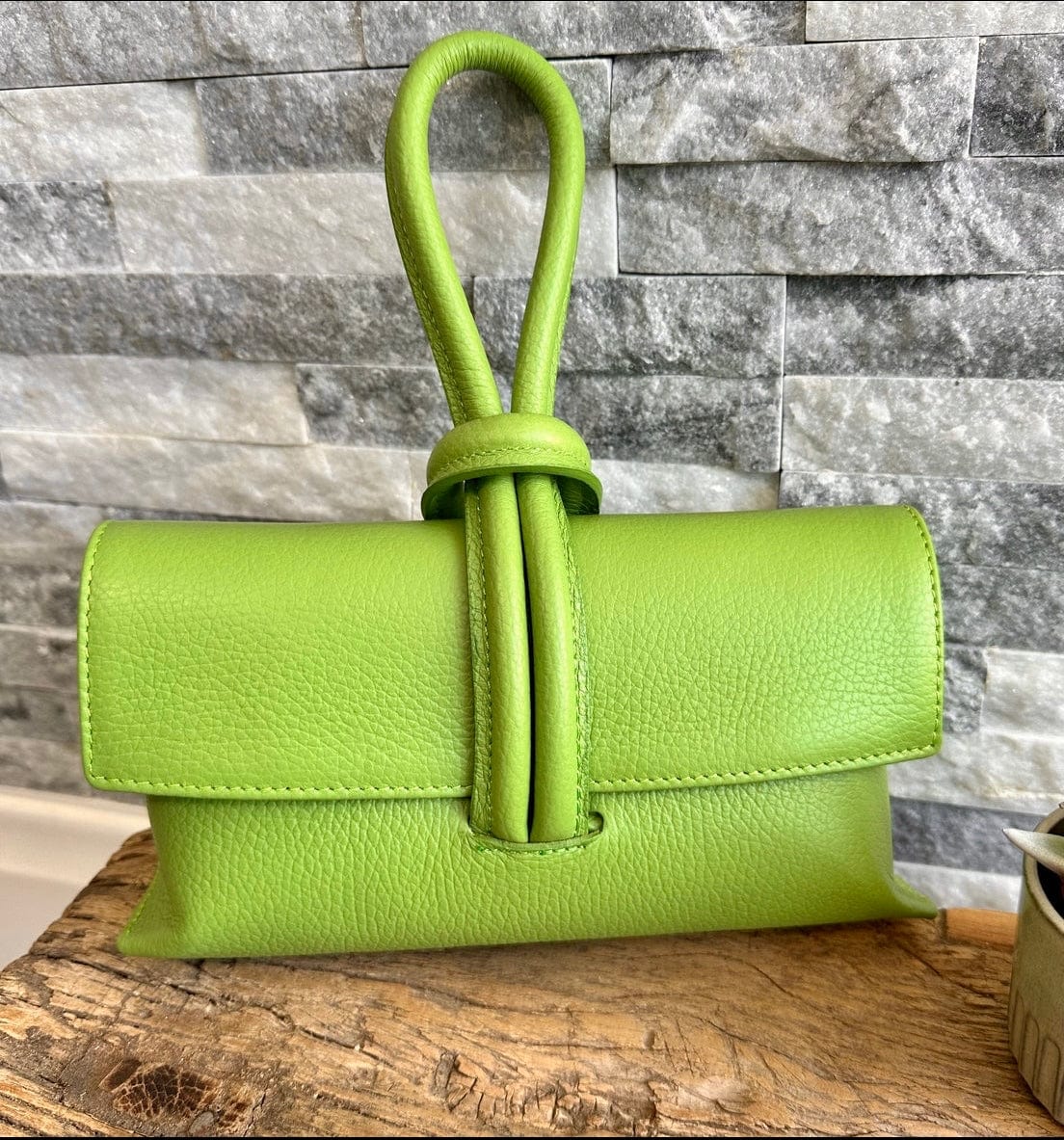 Lime Green Italian Leather Clutch Bag, Evening Bag with a Loop Handle ...