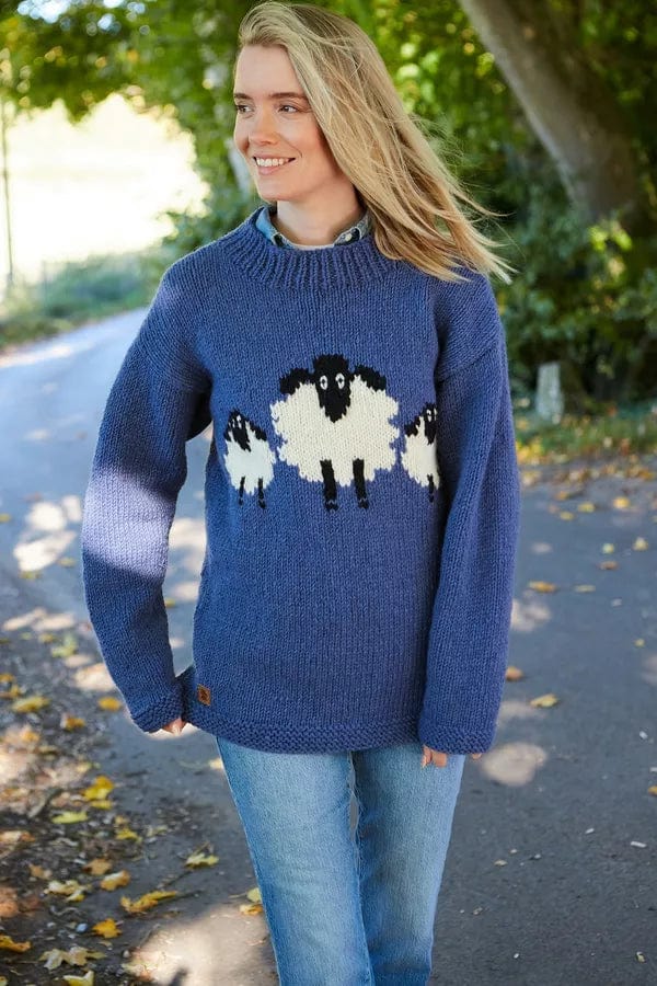 Pachamama Womens Big Sheep Sweater Jumper, Blue, Hand Knitted, Fair Tr ...
