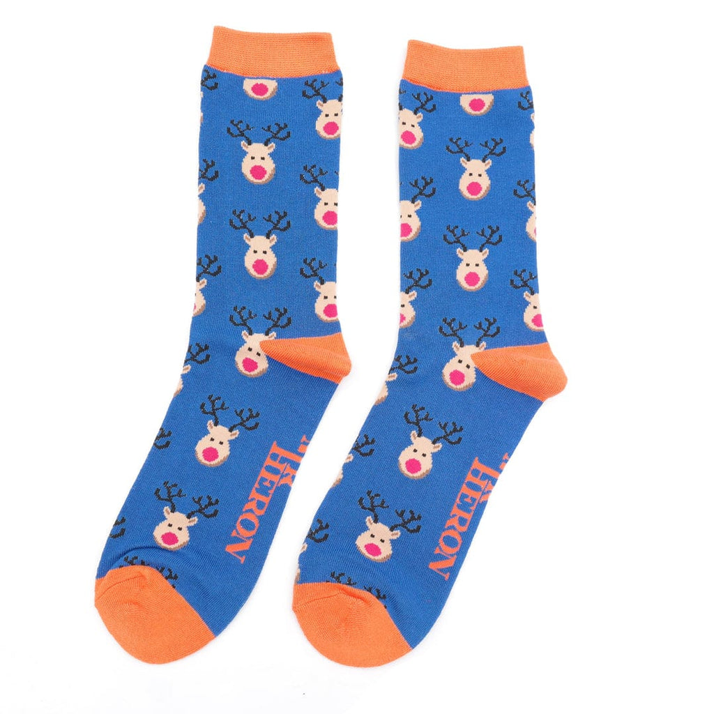 Men's Christmas Rudolph Mr Heron Bamboo Socks Blue – luscious scarves