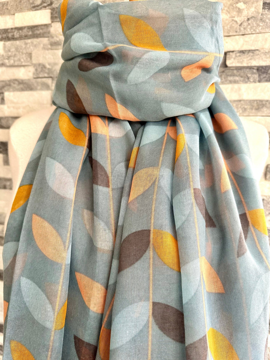 Red Cuckoo Pale Blue Scarf with Grey, Peach and Orange Leaves ...