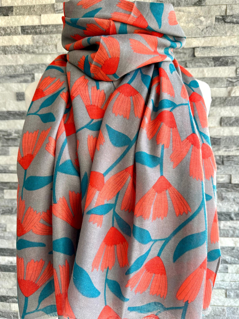 Red Cuckoo Trailing Flowers Design Scarf , Grey , Coral and Teal ...