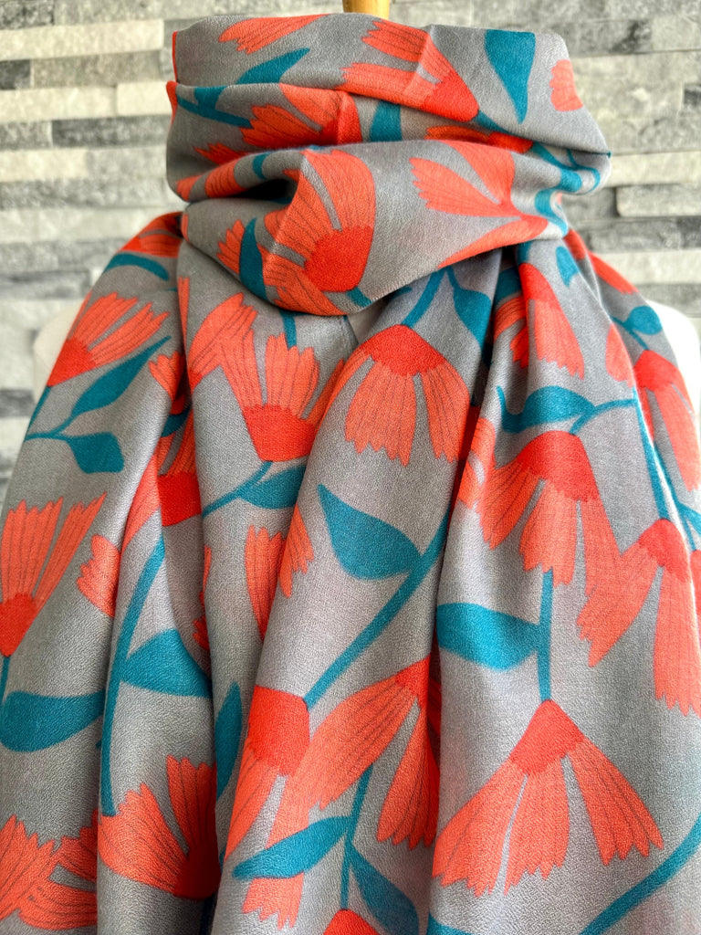 Red Cuckoo Trailing Flowers Design Scarf , Grey , Coral and Teal ...