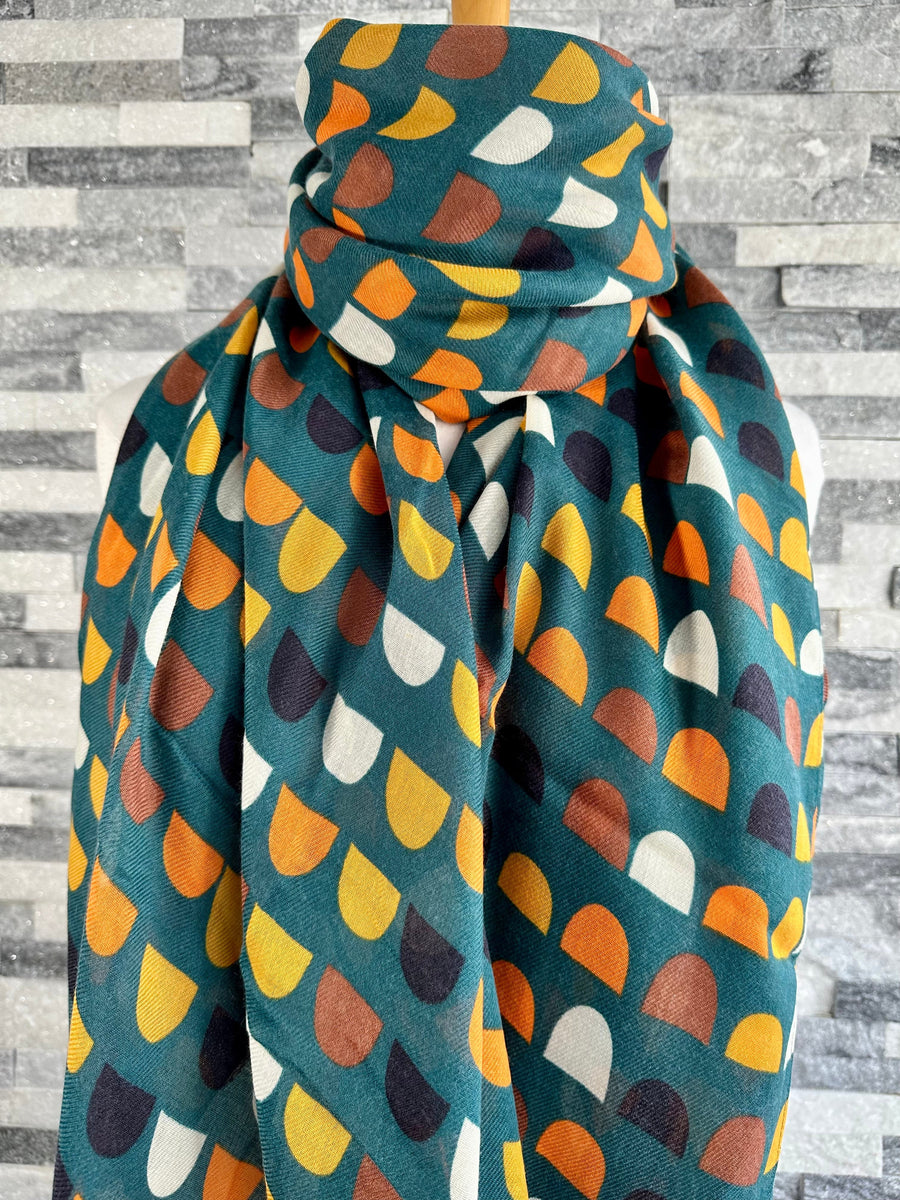 Teal Green Scarf with Orange, Black, Brown and Mustard Shapes ...